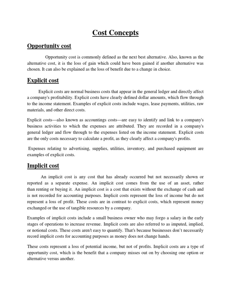 Cost Concepts: An Analysis of Opportunity Cost, Explicit Costs ...