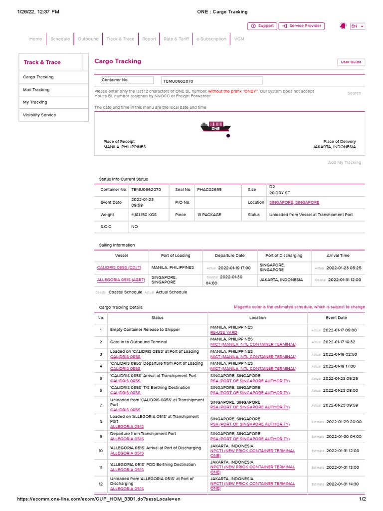ONE - Cargo Tracking | PDF | Cargo | Port