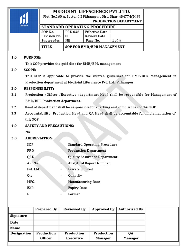 Medioint Lifescience PVT - LTD.: Standard Operating Procedure | PDF ...