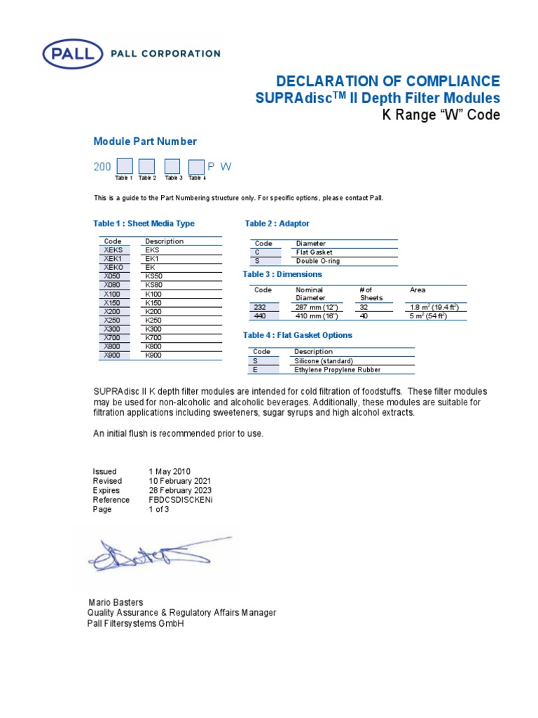 SUPRAdisc II Depth Filter Modules K Range Declaration of Compliance ...