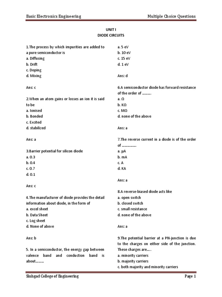 Scoe Bxe Unit 1 & 2 MCQ Bank | PDF | Rectifier | P–N Junction
