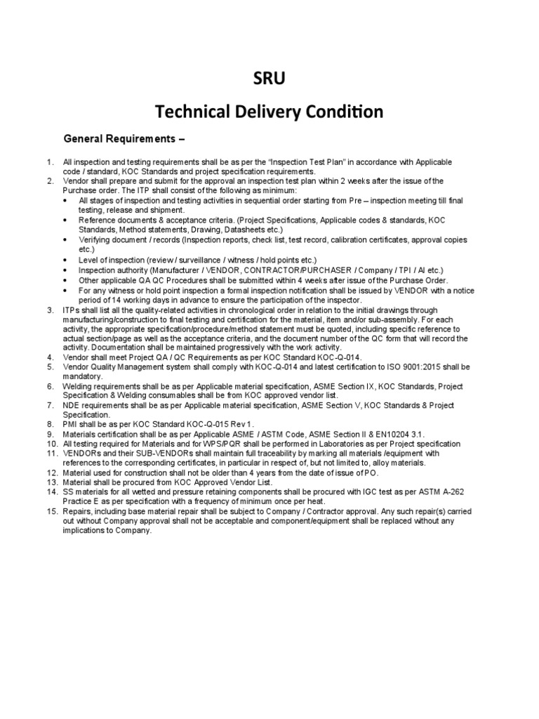 Technical Delivery Condition - GTU & SRU | PDF | Pipe (Fluid Conveyance ...