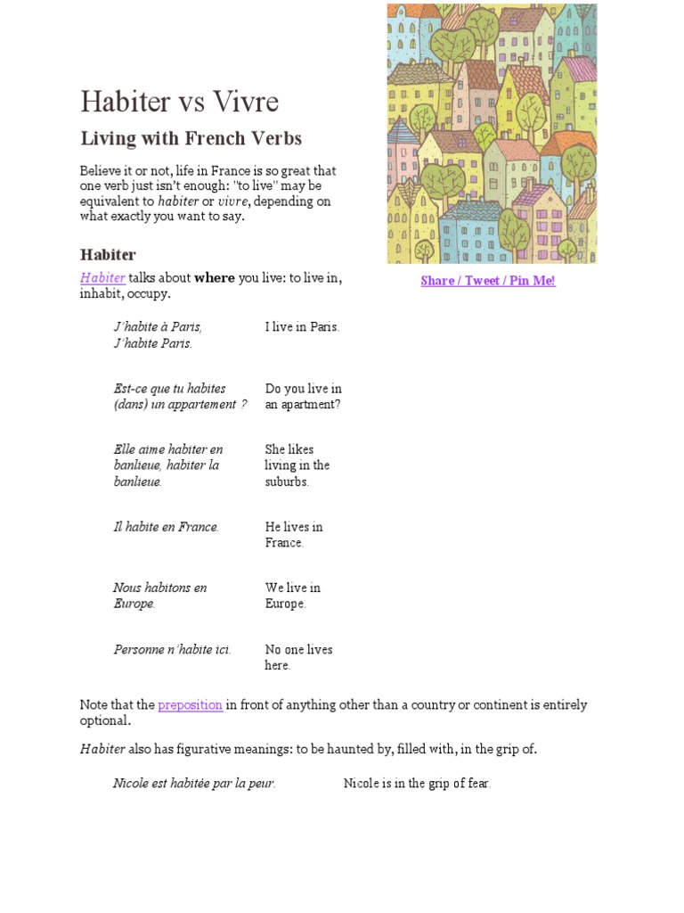 Habiter Vs Vivre: Living With French Verbs | PDF | Grammar | Languages