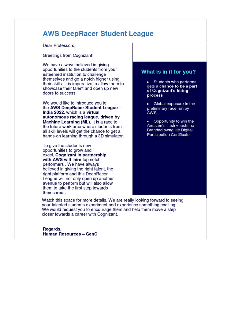 AWS DeepRacer Student League - Cognizant | PDF