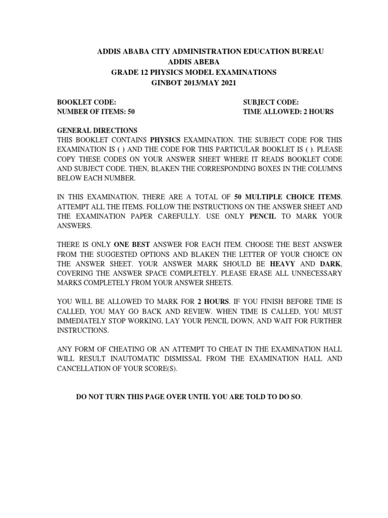 Addis Ababa City Administration Education Bureau Addis Abeba Grade 12 Physics Model Examinations ...