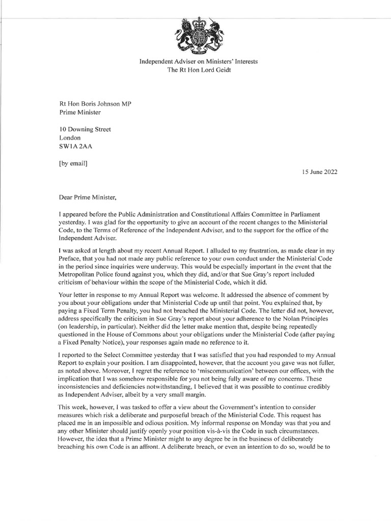 Lord Geidt To PM | PDF