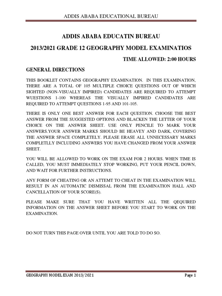Addis Ababa Educatin Bureau 2013/2021 Grade 12 Geography Model ...