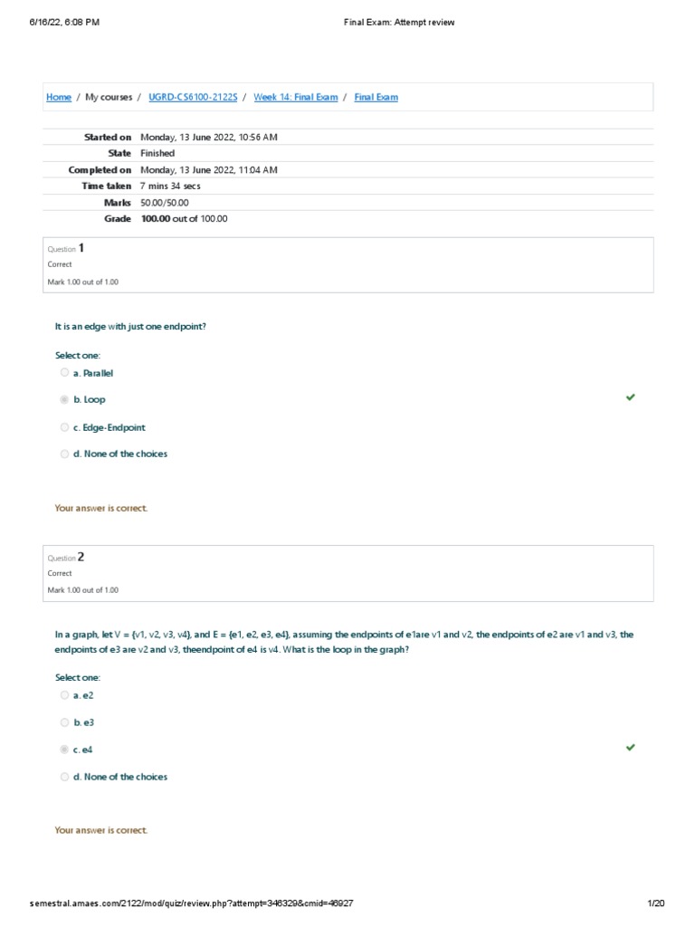 Discrete Structures 1 Final Exam - Attempt Review | PDF | Mathematical Relations | Graph Theory
