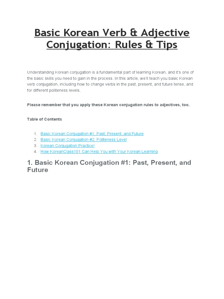 Korean Verb & Adjective Conjugation Guide | PDF | Grammatical ...