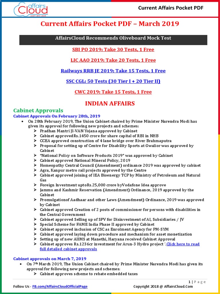 Current Affairs Pocket PDF - March 2019 by AffairsCloud | Download Free ...