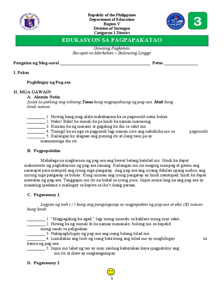 Edukasyon Sa Pagpapakatao: Gawaing Pagkatuto Ika-Apat Na Markahan - Ikalawang Linggo | PDF