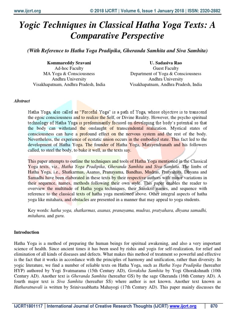 Yogic Techniques in Classical Hatha Yoga Texts: A Comparative ...