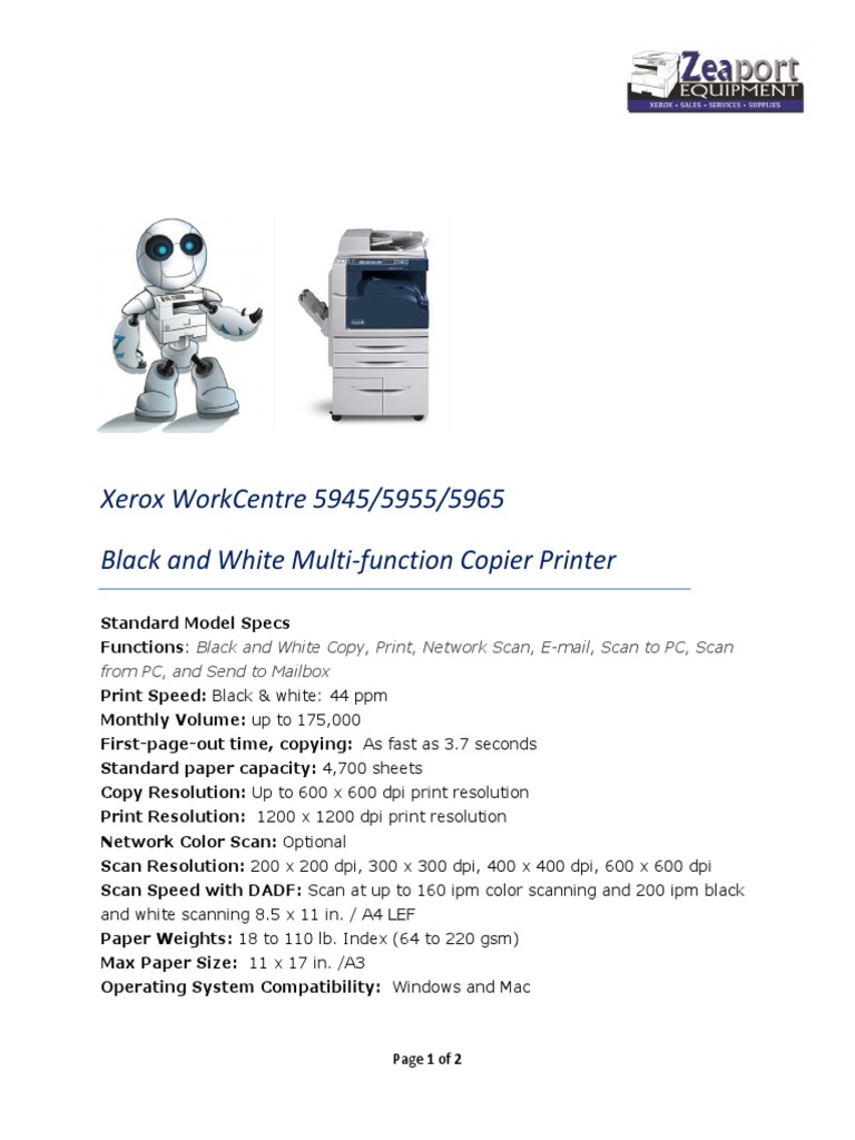 Xerox WorkCentre 5945/5955/5965 Specs | PDF | Technology & Engineering
