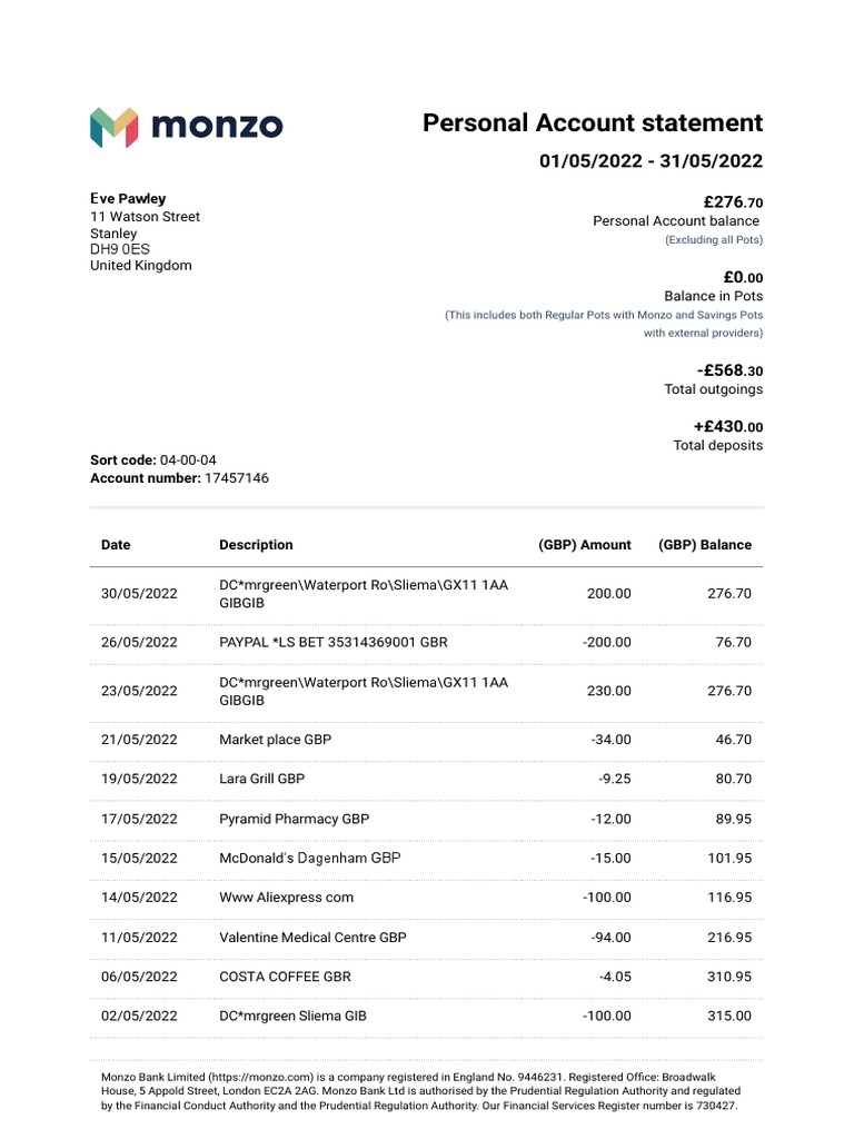 Monzo_bank_statement_2022_05_01-2022_05_31_5661 | PDF | Deposit Account ...