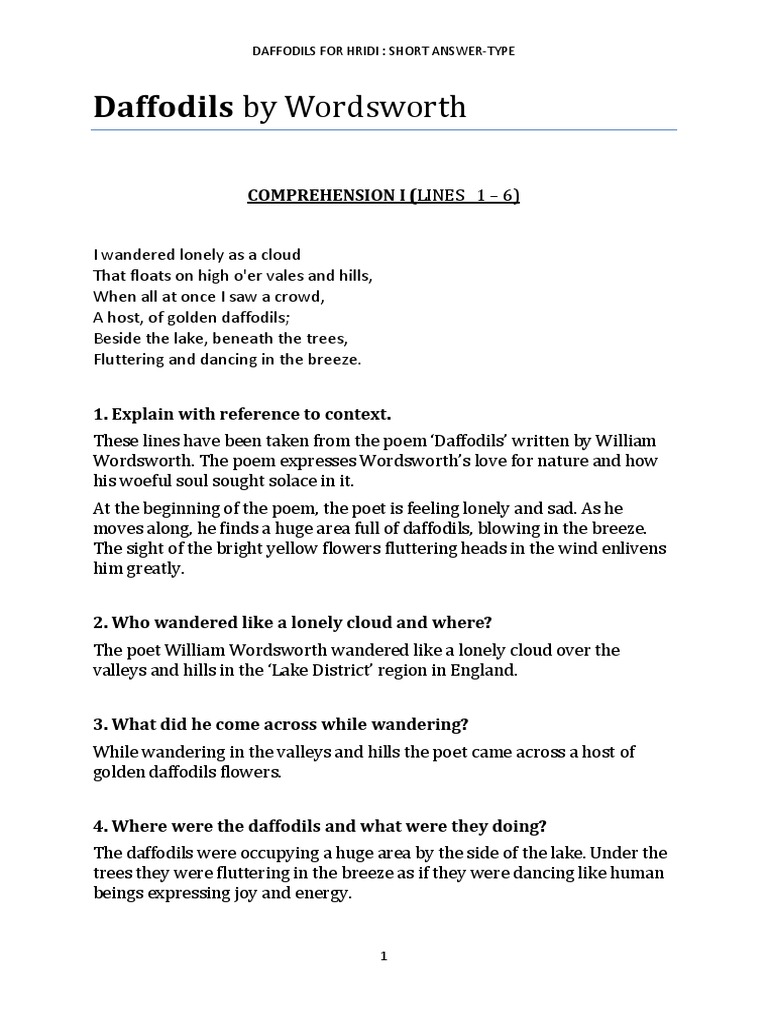Daffodils by Wordsworth - SHORT ANSWER TYPE | PDF | Classics