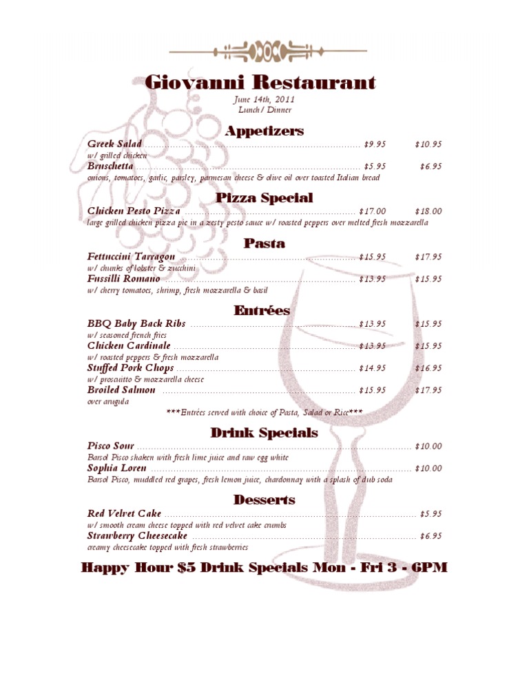 Giovanni Restaurant Menu Highlights | PDF