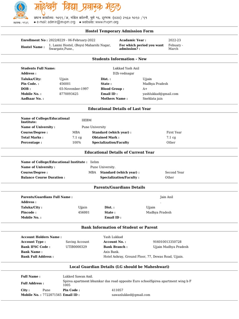Hostel Temporary Admission Form | PDF