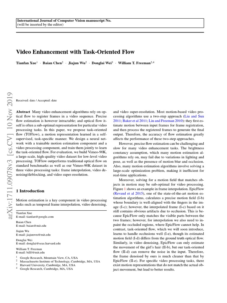 Video Enhancement With Task-Oriented Flow: Liu and Sun 2011 Baker Et Al 2011 Liu and Freeman ...