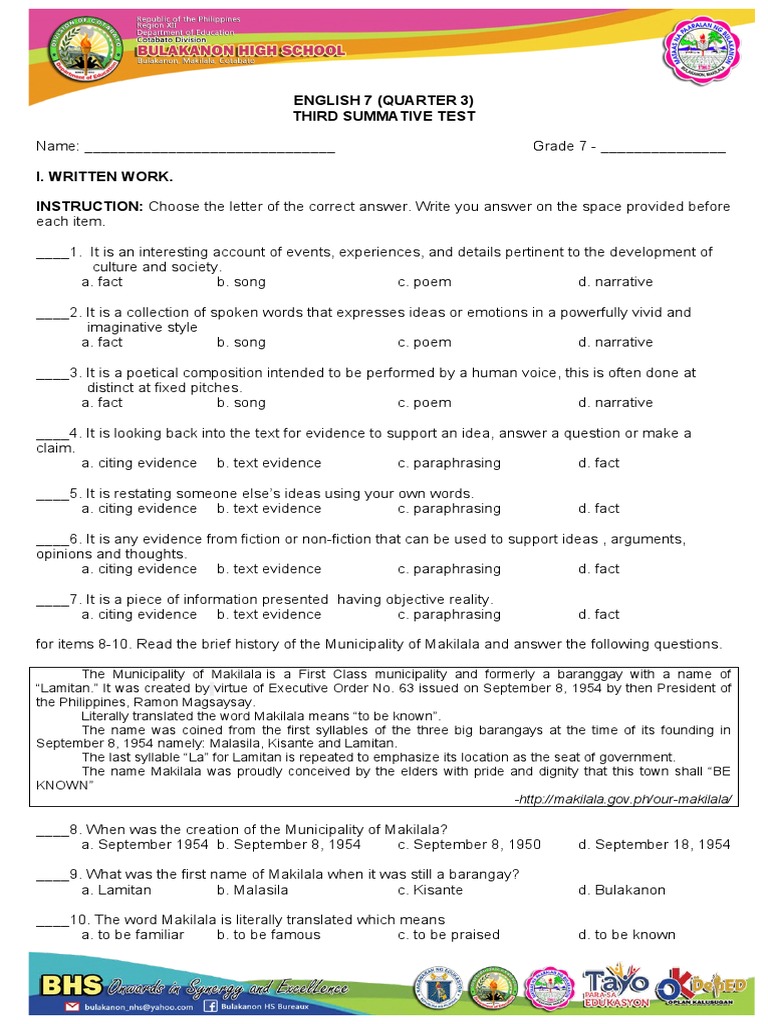 Grade 7 English Third Summative Test | PDF