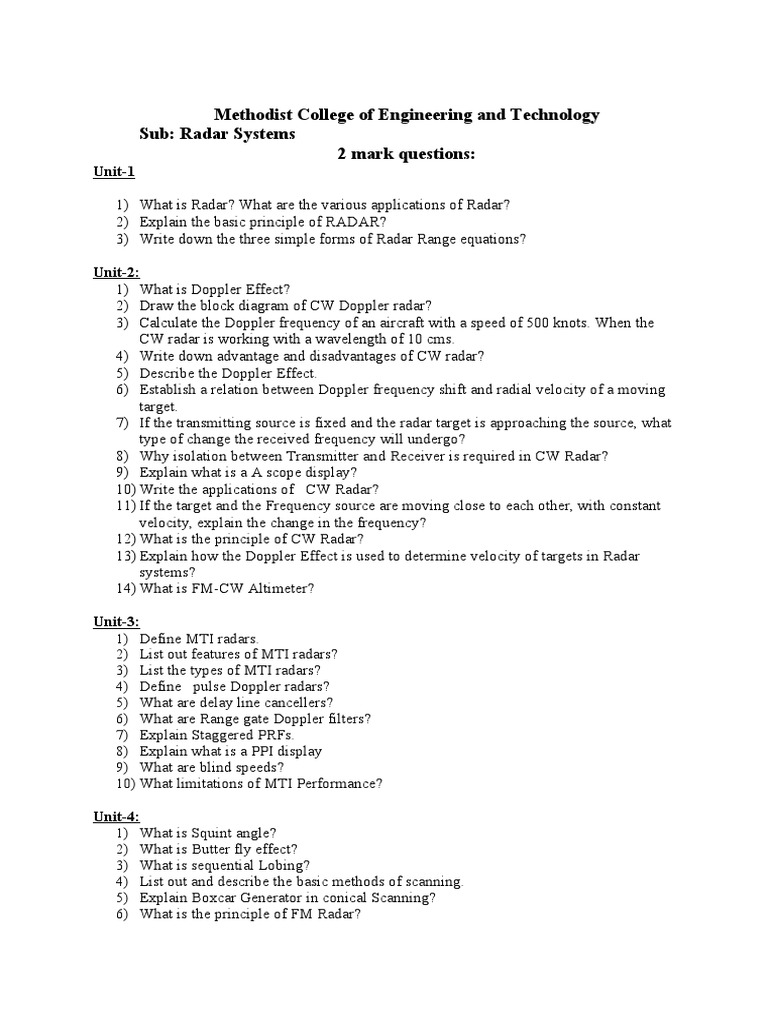 Radar Systems Imp Questions | PDF | Radar | Antenna (Radio)