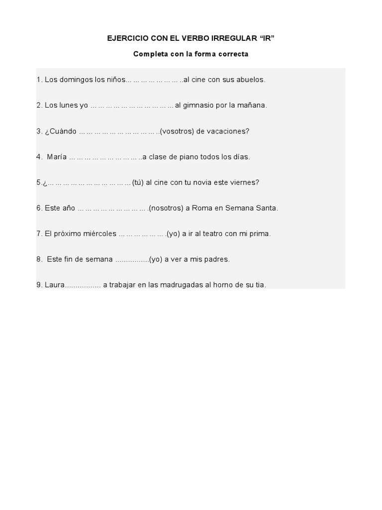 Ejercicio Con El Verbo Irregular Ir | PDF