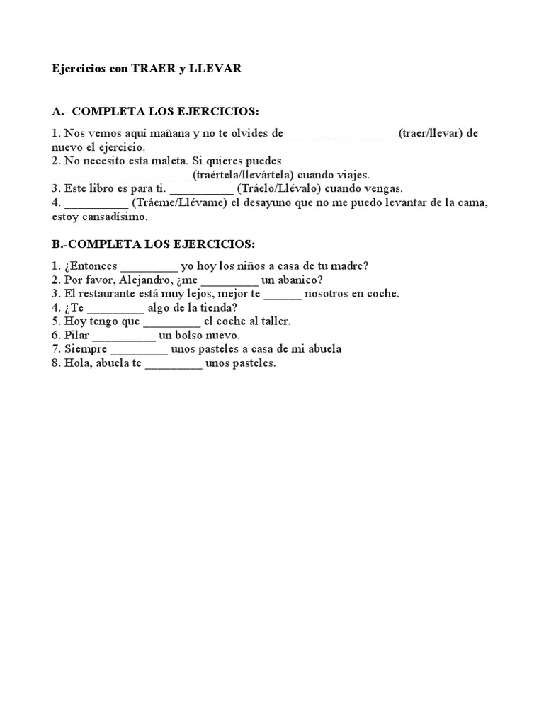 Ejercicios Con TRAER y LLEVAR | PDF