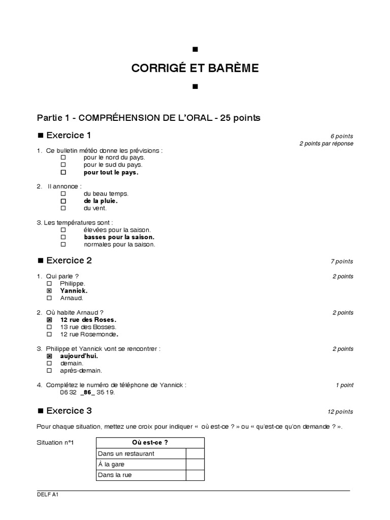 Corrigé et barème DELF A1 | PDF | Linguistique