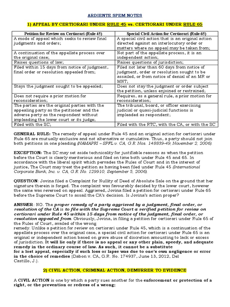 Rem Law Notes | PDF | Lawsuit | Demurrer