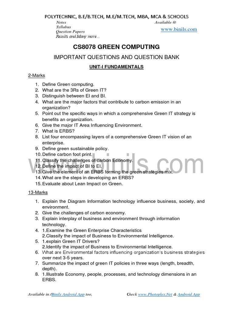 Cs8078 Green Computing Reg 17 Question Bank | PDF | Data Center | Virtualization