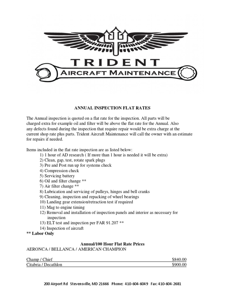 Flat Rate Inspection Sheet Trident 2 | PDF | Piper Aircraft | Aviation