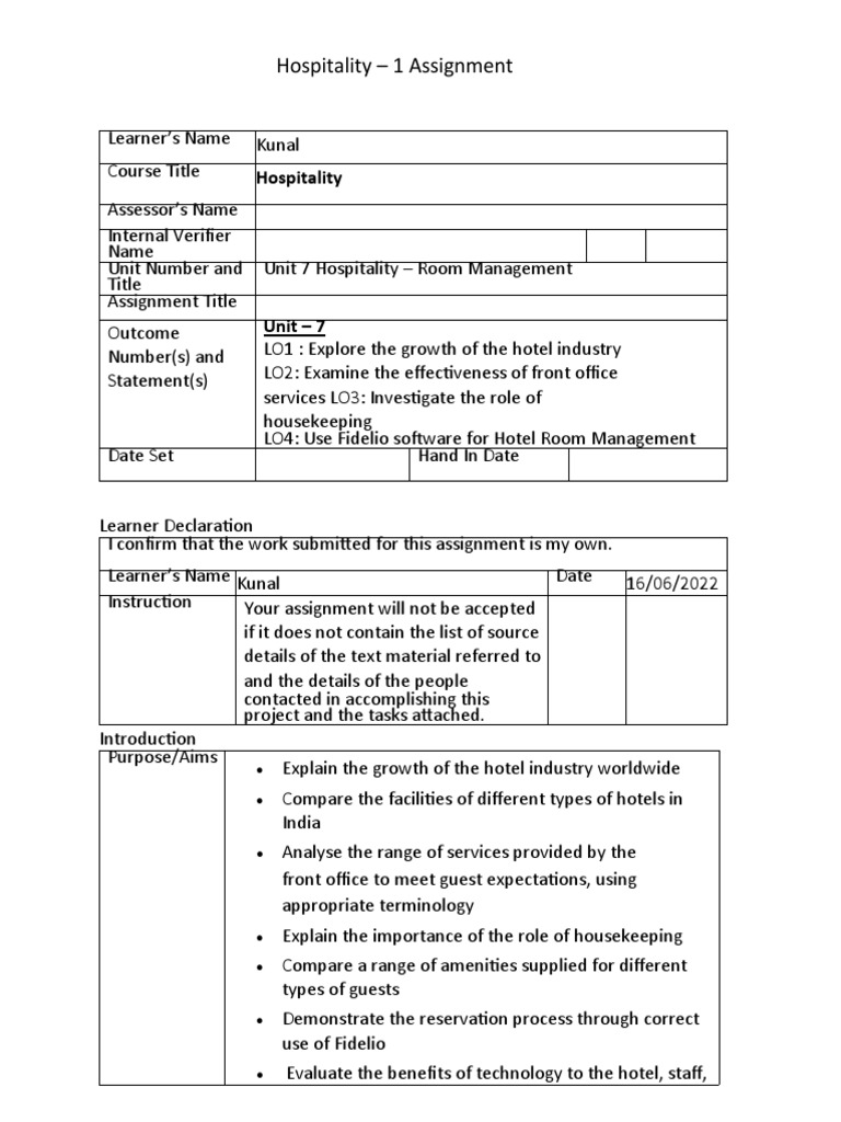 Hospitality - 1 Assignment | PDF | Hotel | Learning