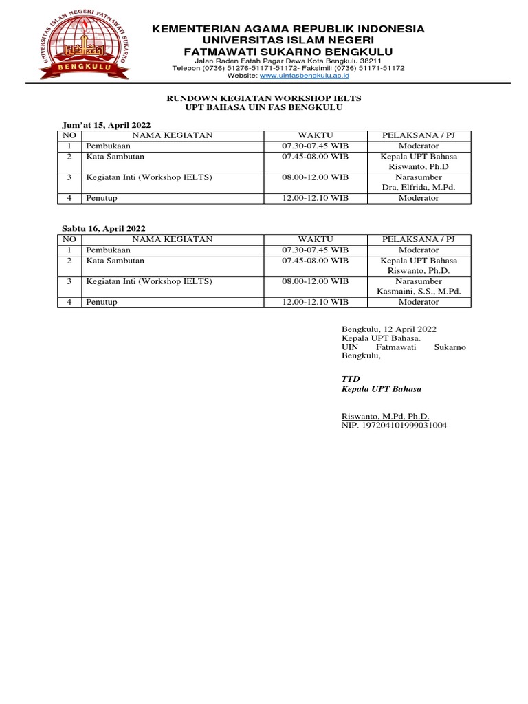 Rundown Kegiatan Workshop Ielts | PDF