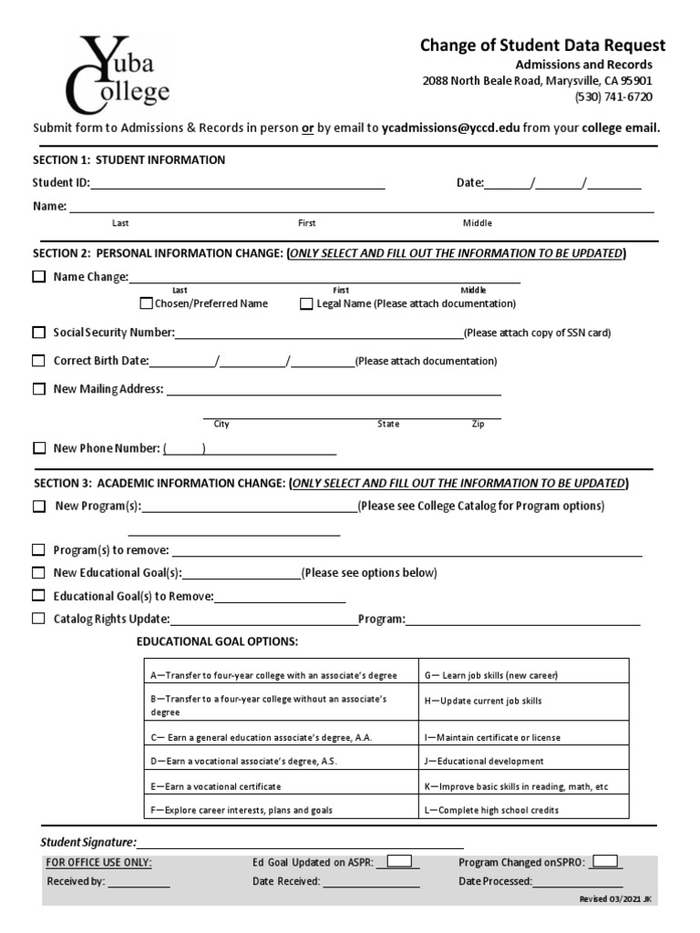 Change of Student Data Request: Submit Form To Admissions & Records in ...
