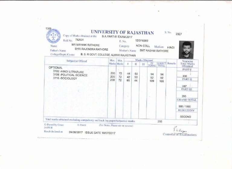 Rajasthan University Marksheet | PDF