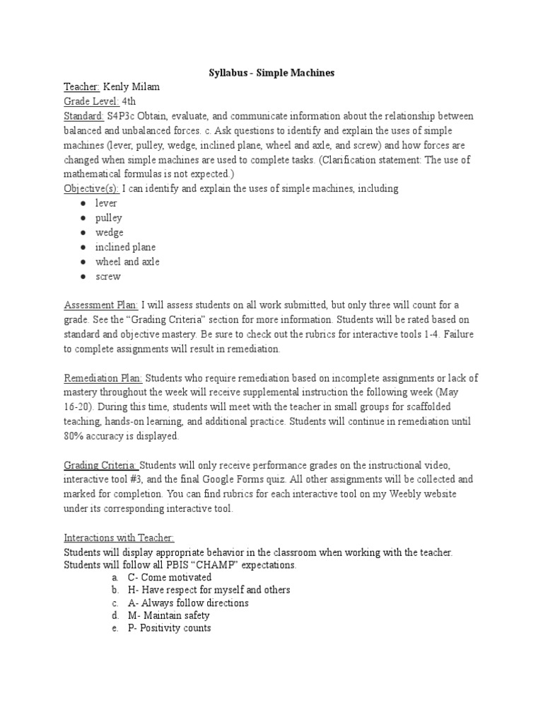 Syllabus - Simple Machines | PDF | Rubric (Academic) | Teachers