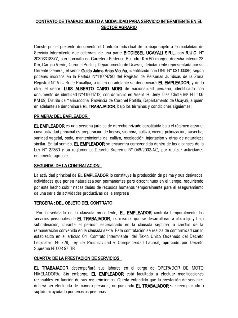 Contrato de Trabajo Sujeto A Modalidad para Servicio Intermitente en El Sector Agrario-Luis ...