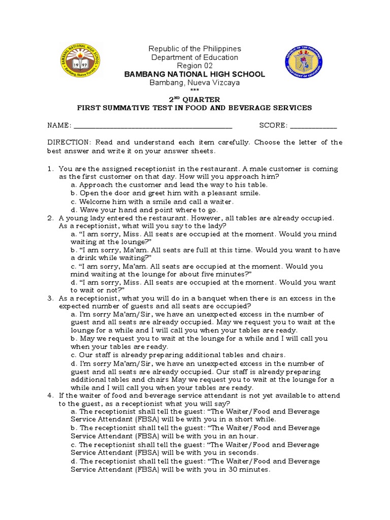 Food and Beverage Services Test 2nd Quarter | PDF | Menu | Waiting Staff