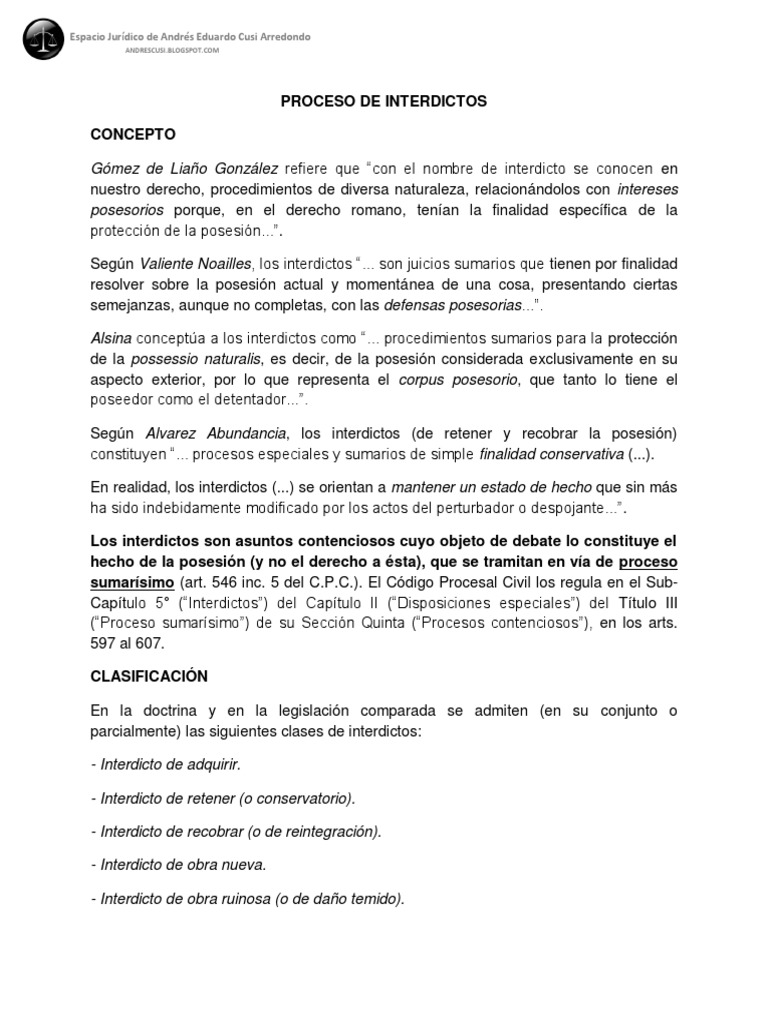 ARTICULO. El-Proceso-De-Interdictos | PDF | Posesión (Ley) | Ley procesal