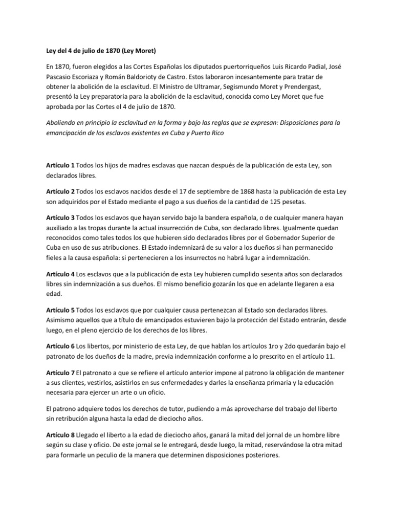 Ley Del 4 de Julio de 1870 - Ley Moret | PDF | Esclavitud ...