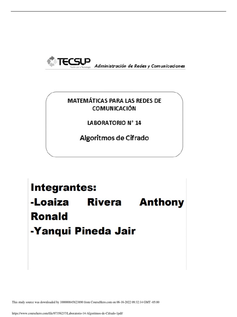 Laboratorio 14 Algoritmos de Cifrado 1 PDF | PDF | Cifrado | Clave (criptografía)