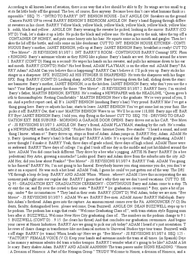 Bee Movie Script Excerpts Pdf Bees Pollination