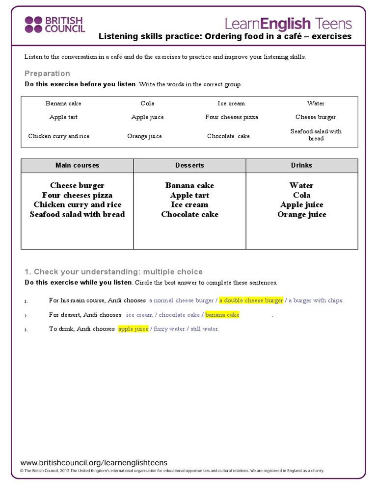 Listening Skills Practice: Ordering Food in A Café - Exercises | PDF ...