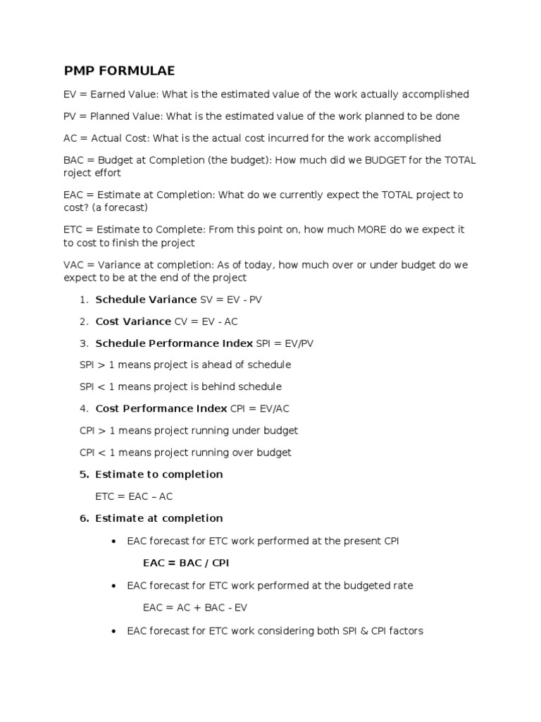 PMP Formulae: 5. Estimate To Completion | PDF | Net Present Value ...