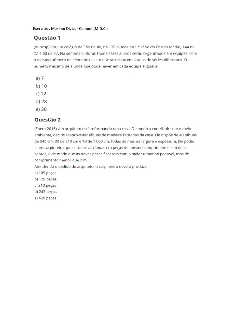 Exercícios MMC e MDC | PDF