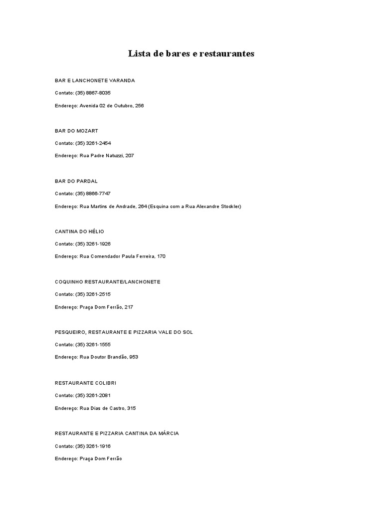 Lista de Bares e Restaurantes | PDF