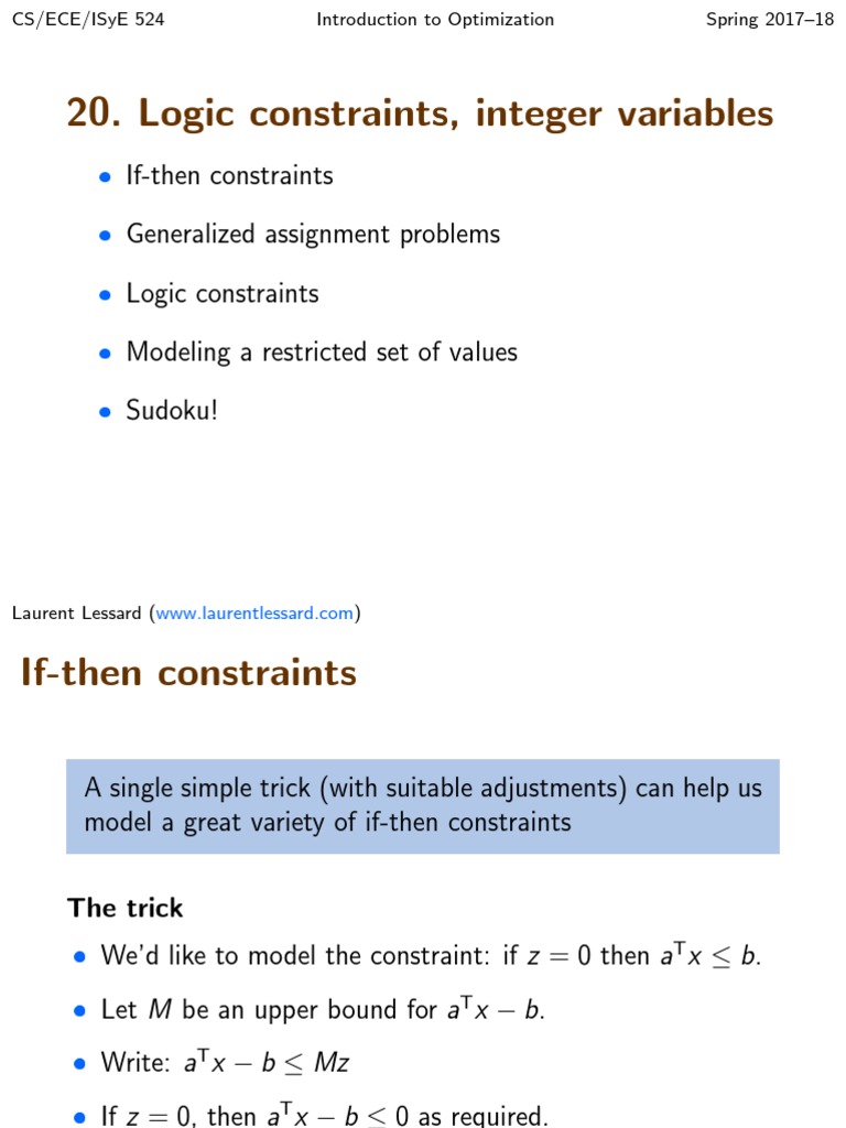 20 - Logic Constraints and Integer Variables | PDF | Mathematical Logic ...