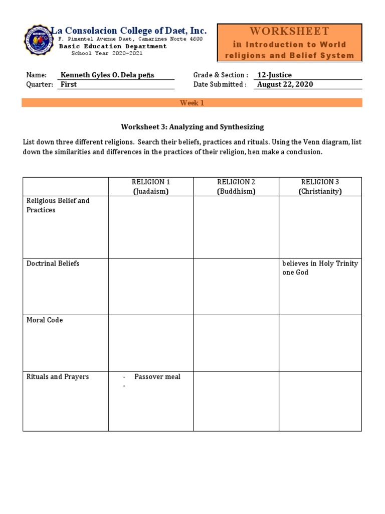 Worksheet 3. - World Religion | PDF