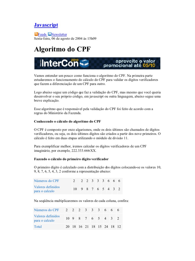 Algoritimo para Validação de CPF - Javascript | PDF | Métodos e ...
