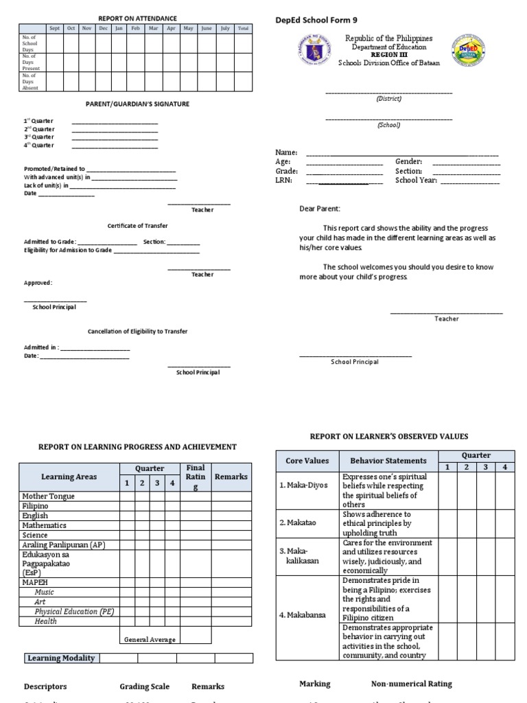 Deped School Form 9: Report On Attendance | PDF | Learning | Behavior ...
