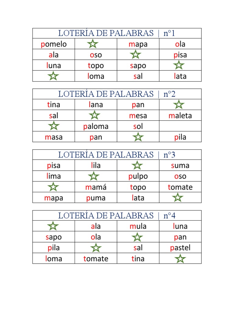 Lotería de Palabras para Primer Grado | PDF | Cocina, comidas y vino